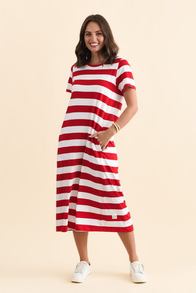 Adira Red Stripe Cotton Pocket Dress - Blue Bungalow NZ