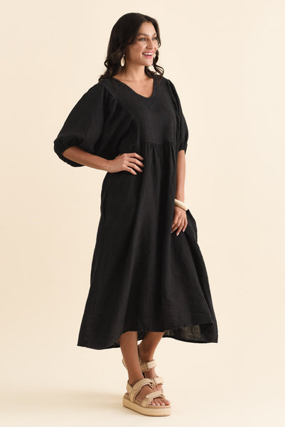Claudine Black Linen Pocket Dress - Blue Bungalow NZ