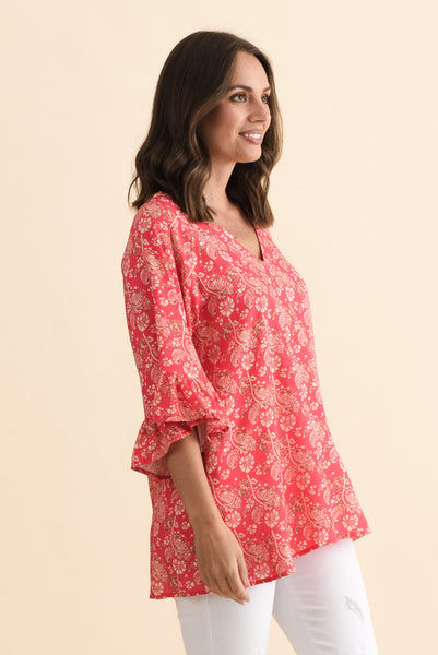 Diona Red Flower Frill Sleeve Top - Blue Bungalow NZ