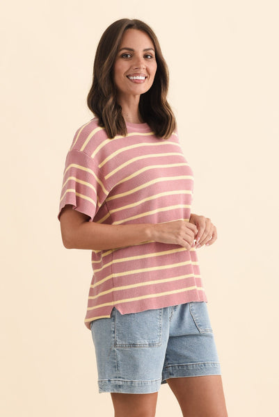 Fabian Blush Stripe Cotton Knit Top - Blue Bungalow NZ