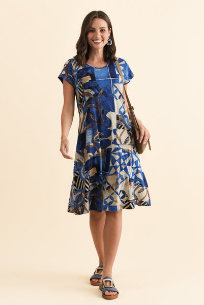 Fletcher Blue Geo Cotton Pocket Dress - Blue Bungalow NZ