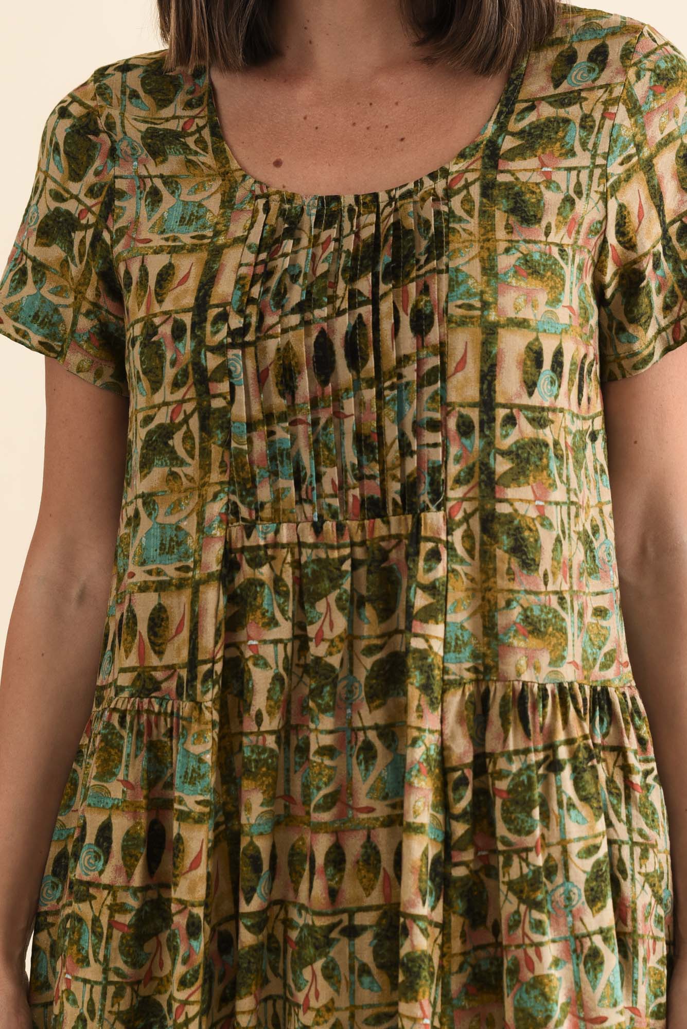 Hanoi Green Motif Cotton Blend Dress - Blue Bungalow NZ