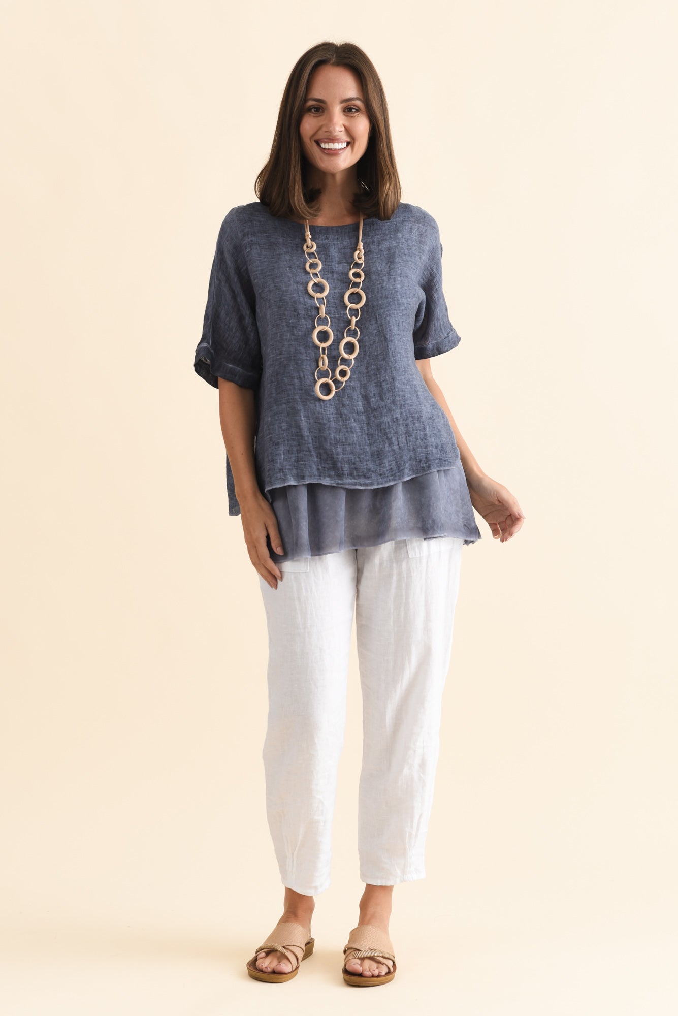 Kayla Dark Blue Linen Layered Top - Blue Bungalow NZ