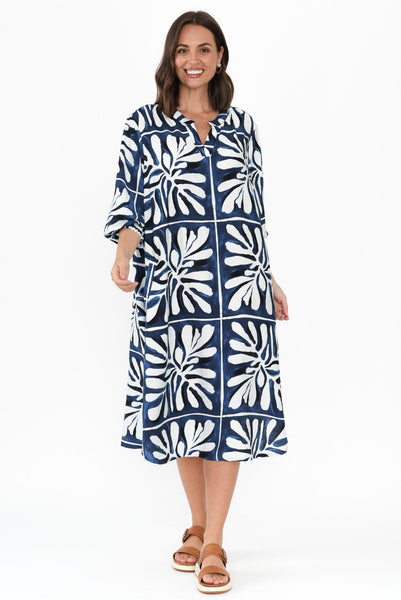 Leonie Blue Tile Pocket Dress - Blue Bungalow NZ