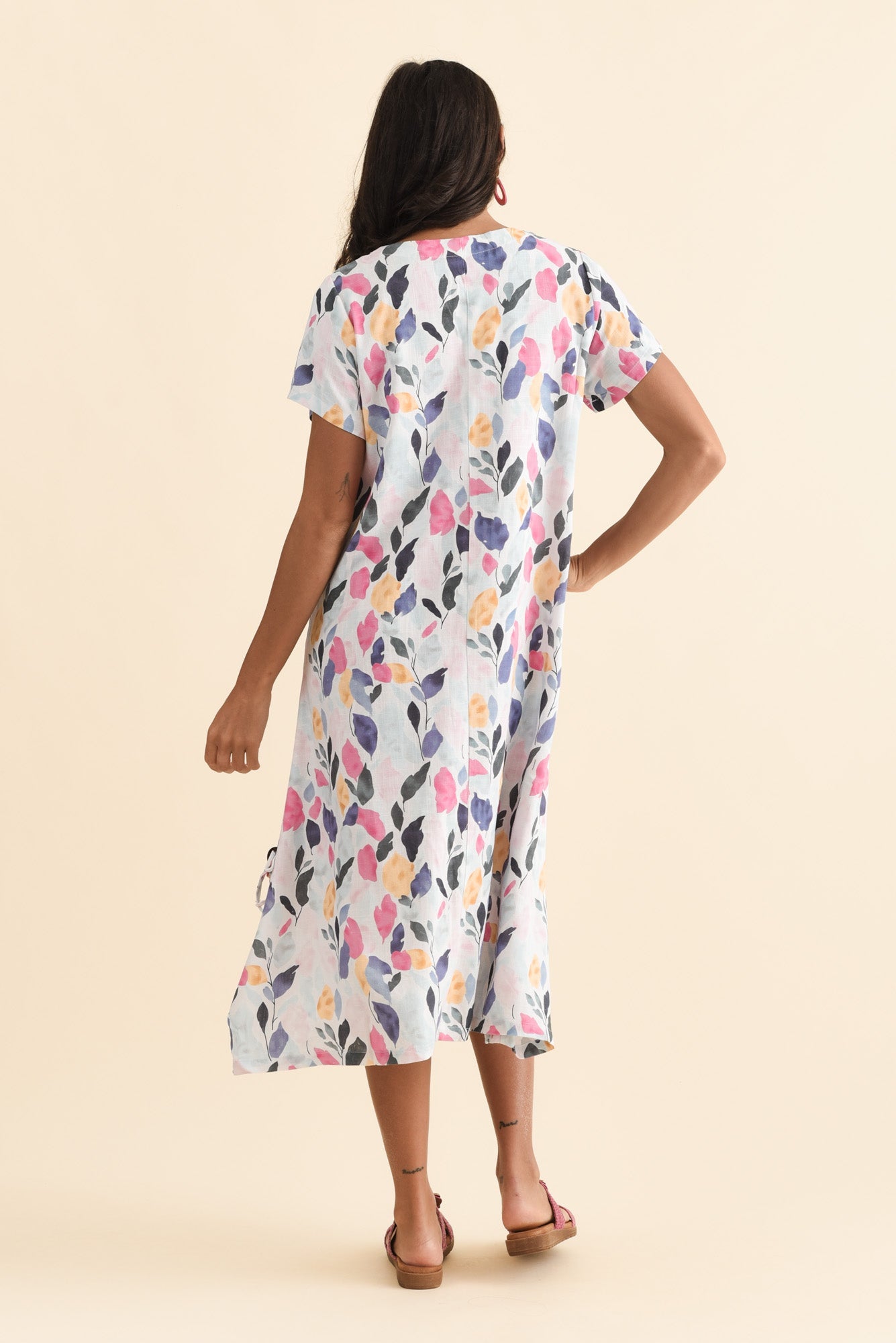 Lula Pink Leaf Linen Cotton Dress - Blue Bungalow NZ