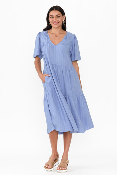 Regina Blue Linen Blend Tier Dress - Blue Bungalow NZ
