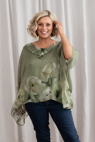 Saige Khaki Floral Silk Overlay Top - Blue Bungalow NZ