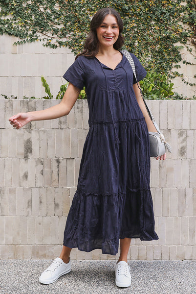 Nona Navy Crinkle Cotton Maxi Dress - Blue Bungalow NZ