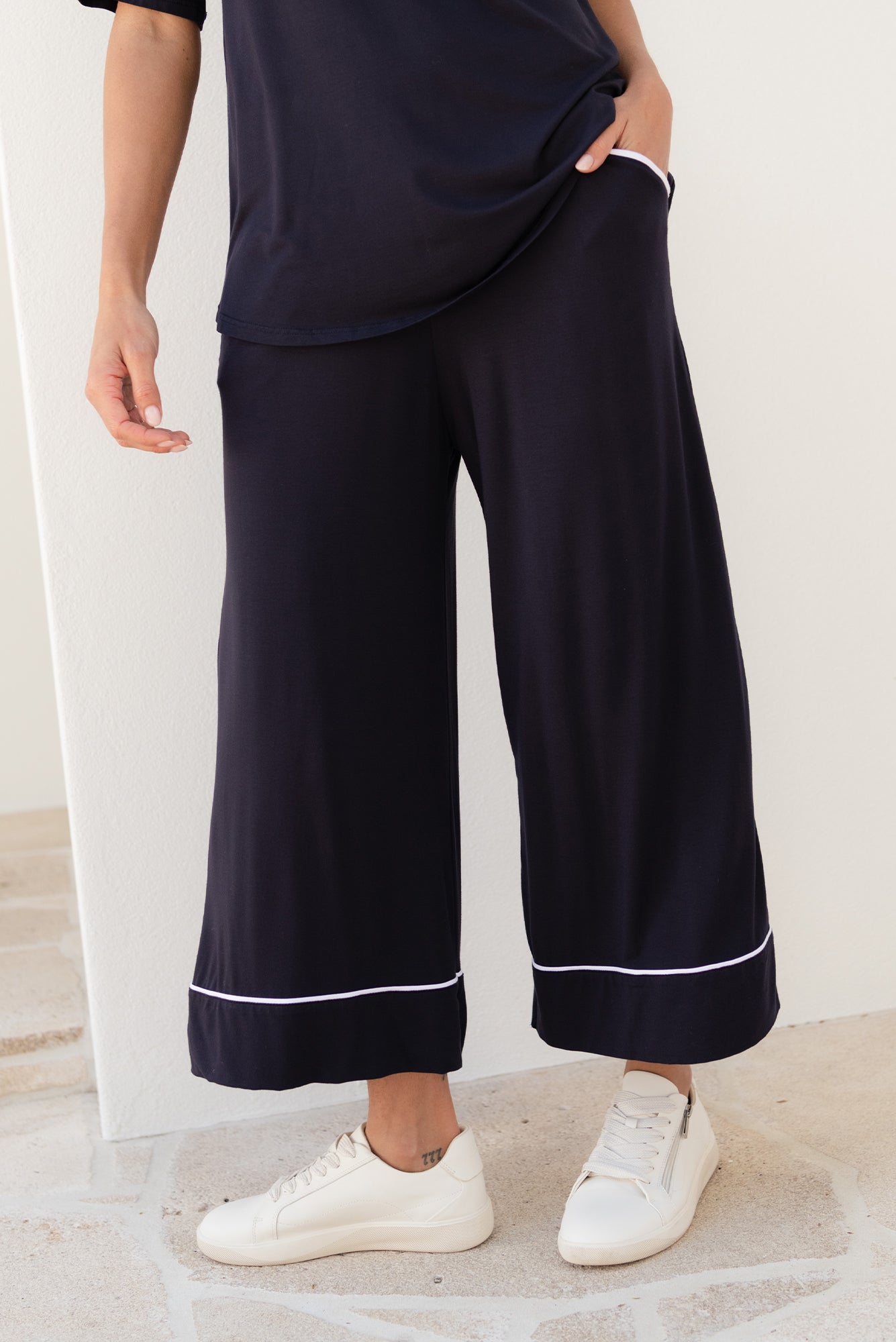 Lena Navy Contrast Micro Modal Resort Pants - Blue Bungalow NZ