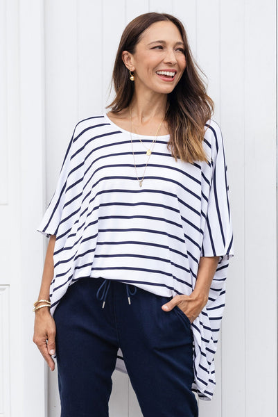 Sorronda White Stripe Bamboo Batwing Top - Blue Bungalow NZ