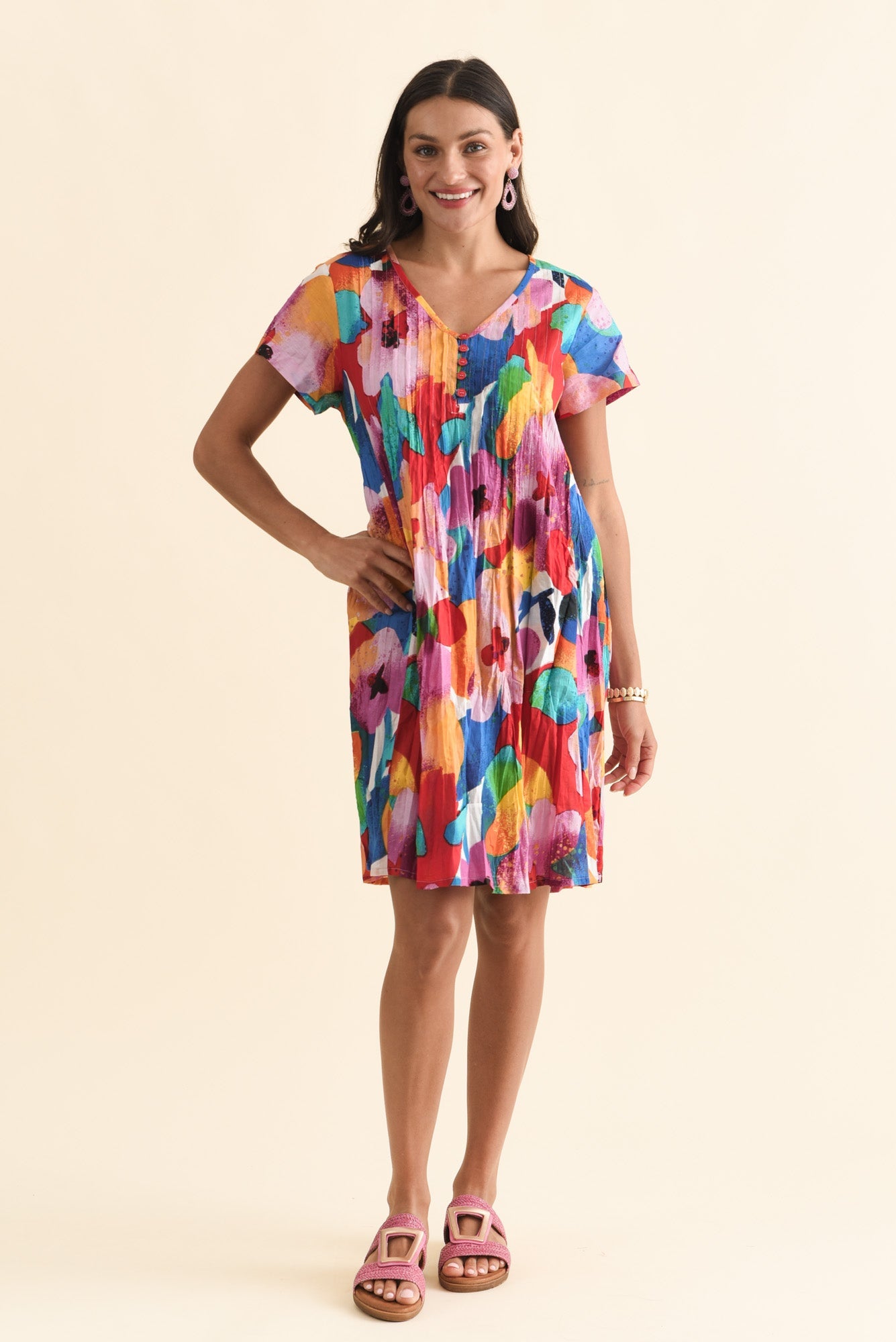 Sabina Pink Bloom Crinkle Cotton Dress - Blue Bungalow NZ
