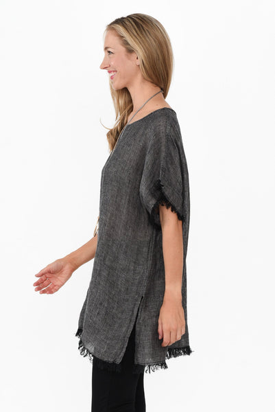 Sancia Charcoal Linen Frayed Top - Blue Bungalow NZ