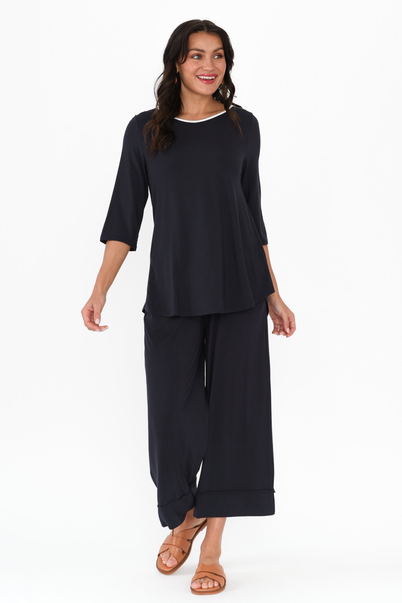 Lena Navy Contrast Micro Modal Resort Pants - Blue Bungalow NZ