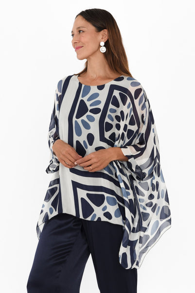 Riva Blue Geo Silk Overlay Top - Blue Bungalow NZ